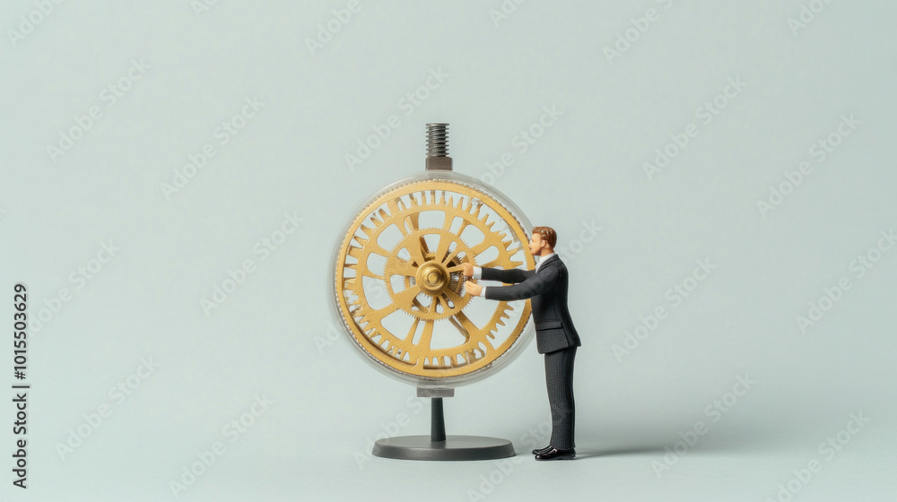Miniature businessman pushing a giant gear inside a large mechanical ...
