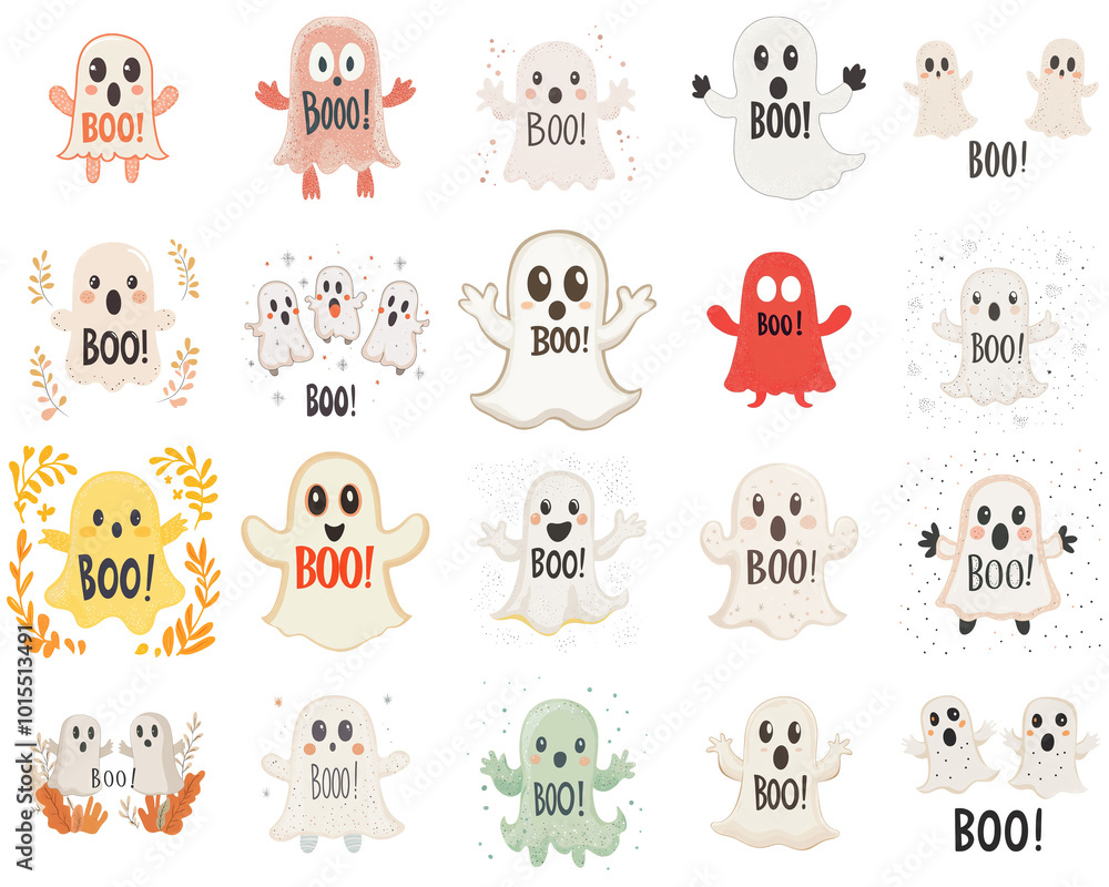 Spooky Ghost Illustrations Set with 'Boo!' Text on Transparent ...