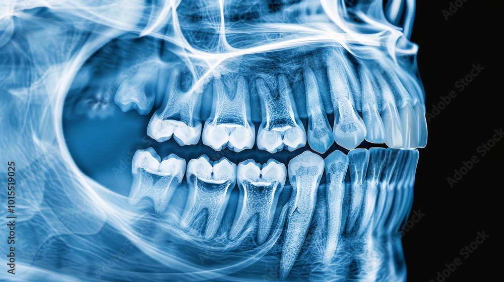X-ray image of human skull and teeth, showcasing dental structure and ...