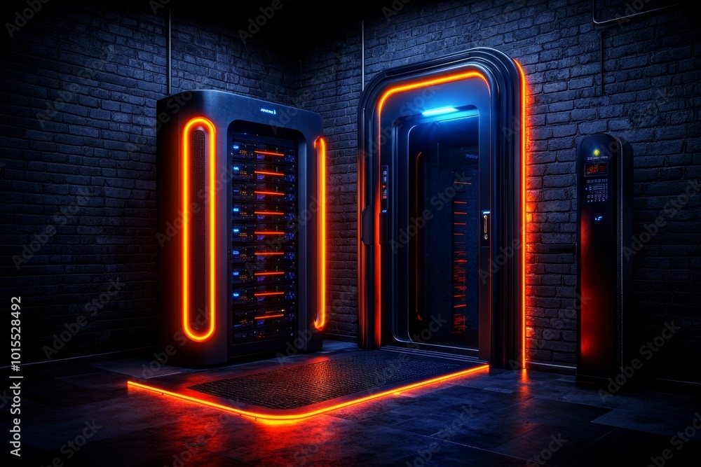 Realistic image of a server room with biometric security measures at ...