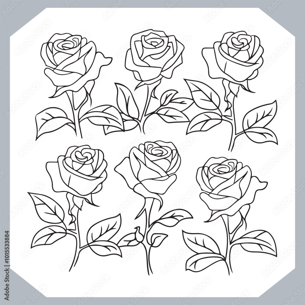 Roses set silhouette vector illustration, black and white bold line ...
