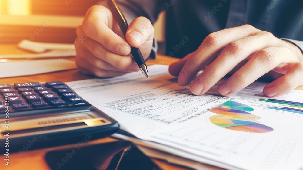 Hands taking notes on financial documents with calculator and charts ...