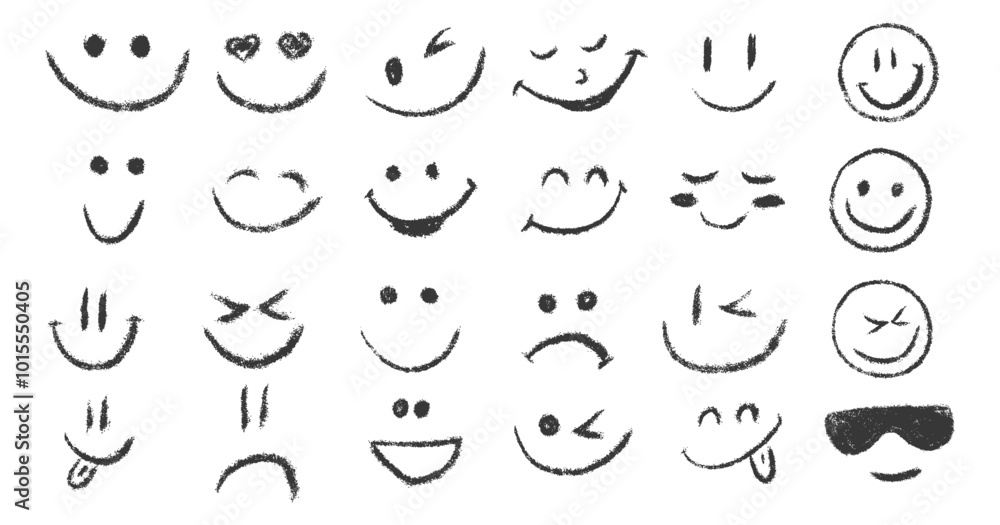 Doodle chalk smile emoji face icon set. Textured kids hand drawn sketch ...