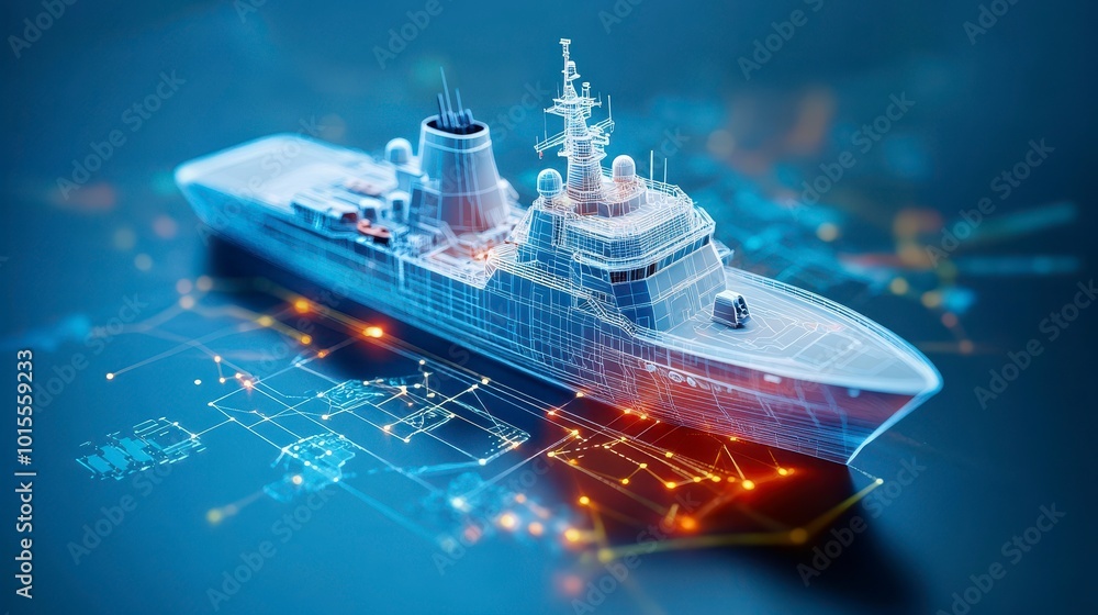 A digital rendering of a naval ship with technical overlays ...