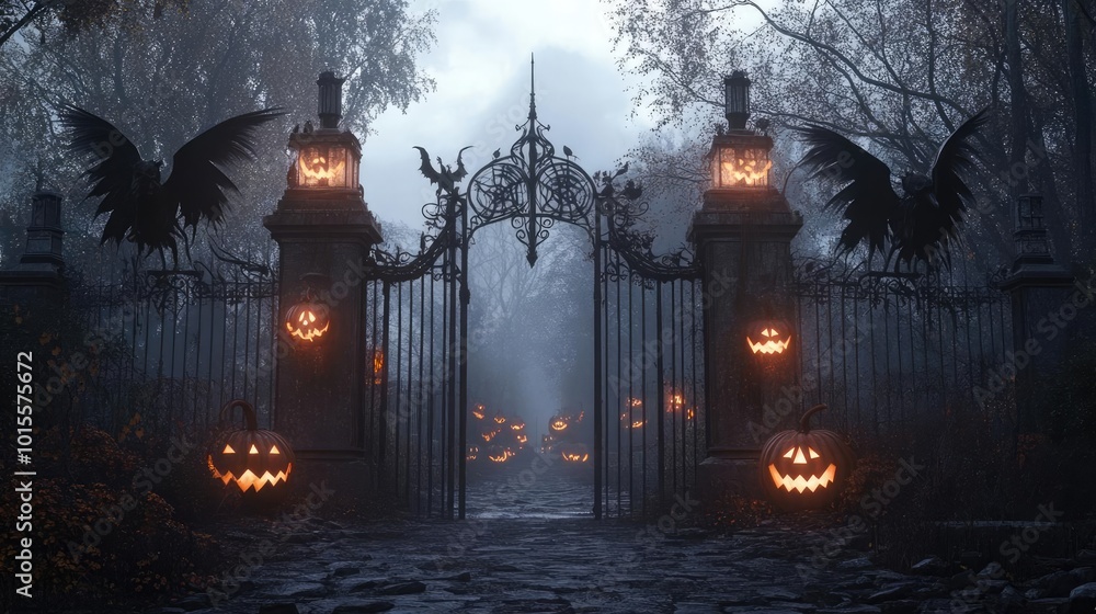 Spooky haunted gate with carved pumpkins and bats in a misty, eerie ...