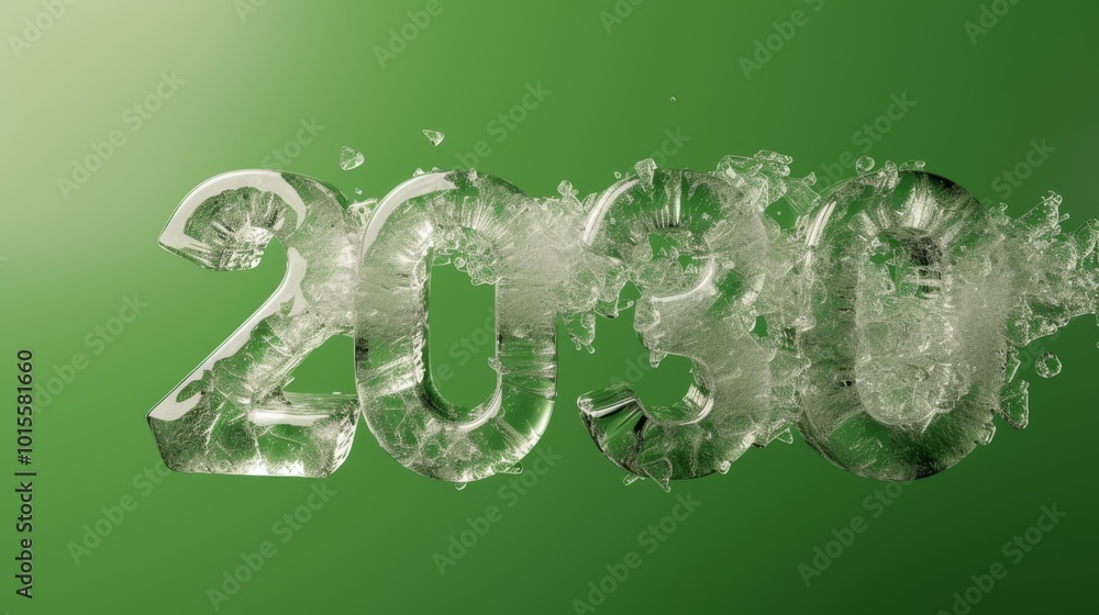 The number 2030 is encased in ice, breaking apart in a futuristic, cool ...
