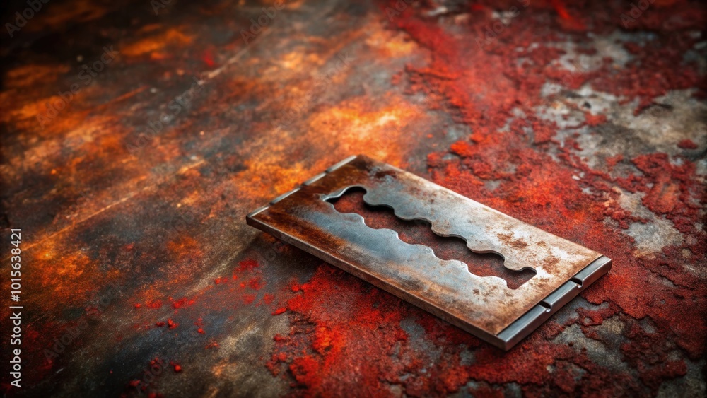 Rusty razor blade on a dirty granite coaster in a moody red background ...