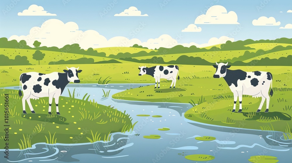 Cartoon vector Happy cows on a modern cattle farm with clean water ...