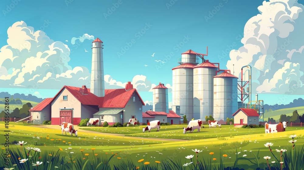 Cartoon vector Modern dairy farm with cows being milked by automated ...