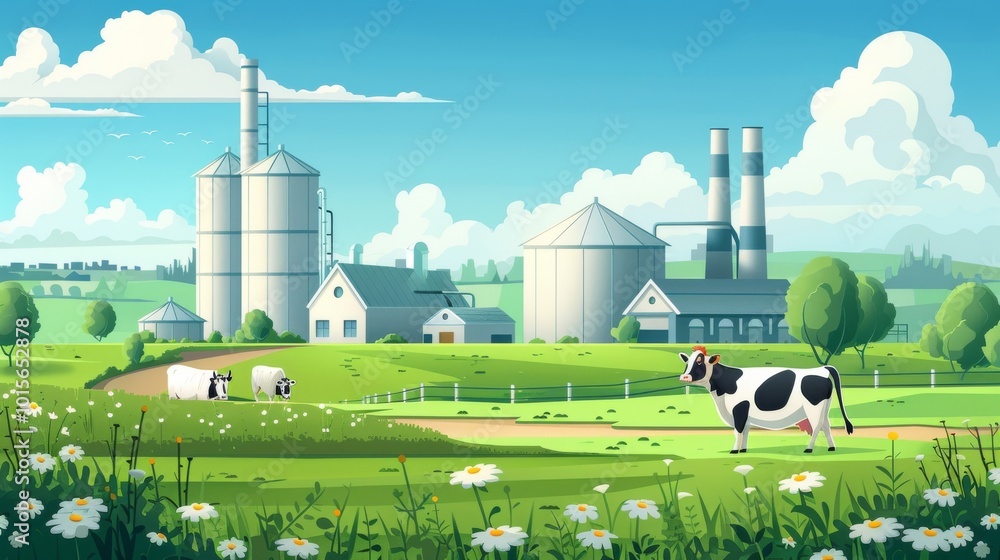 Cartoon vector Modern dairy farm with cows being milked by automated ...