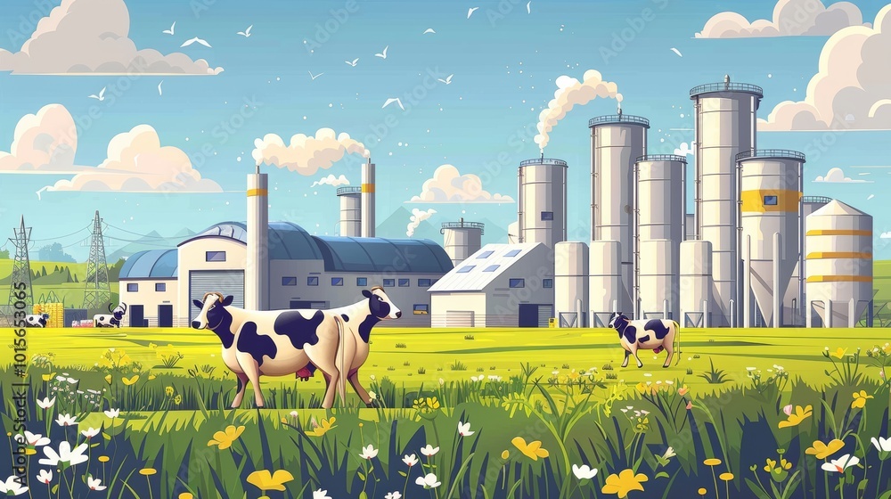 Cartoon vector Modern dairy farm with cows being milked by automated ...
