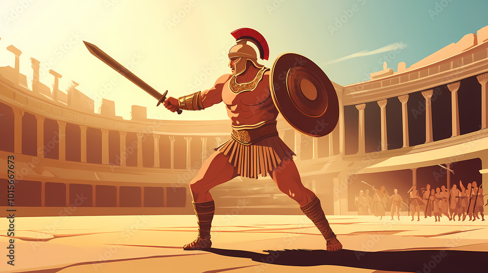 Realistic gladiator is fighting with sword and shield on arena fight ...