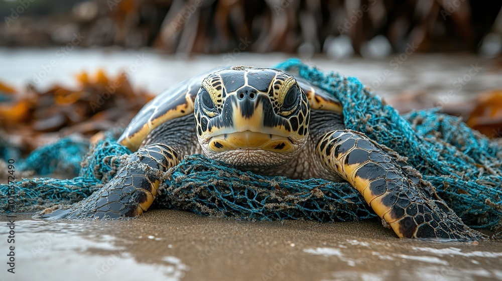 A turtle, entangled in plastic bags and ropes, washes up on the beach ...