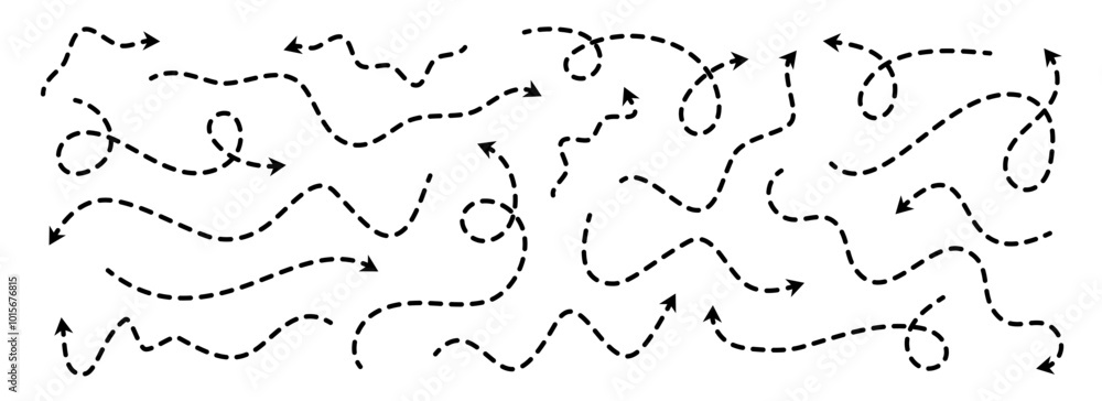 Different dotted thin arrows set. Wavy and curved dashed pointers ...