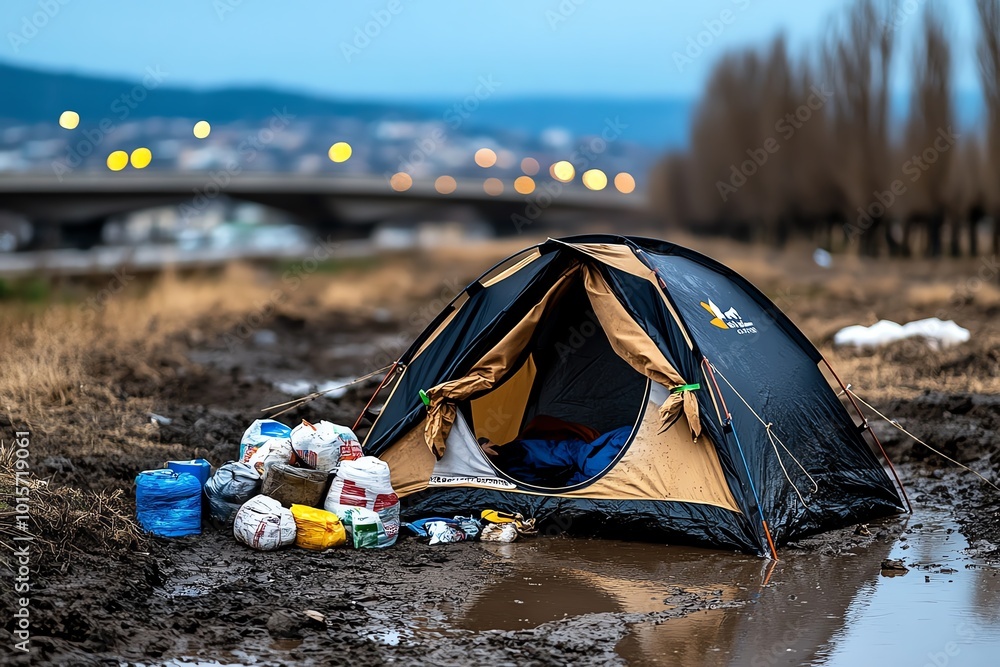 Rural family living in a makeshift tent, surrounded by muddy ground and ...