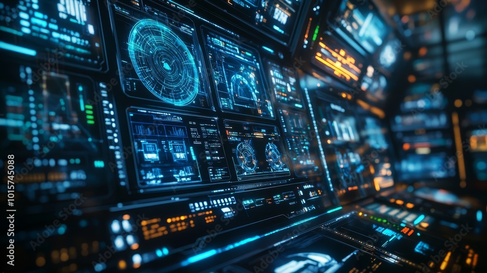 Futuristic control panel with AI algorithms visualized in holographic ...