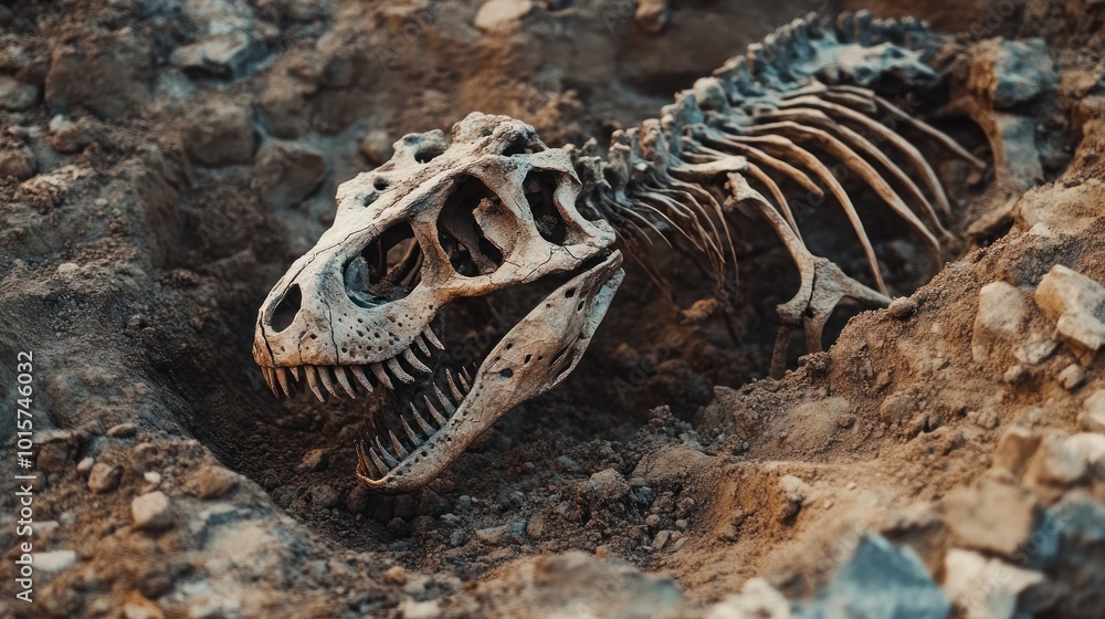 Dinosaur skeleton under soil: An excavation site where prehistoric ...