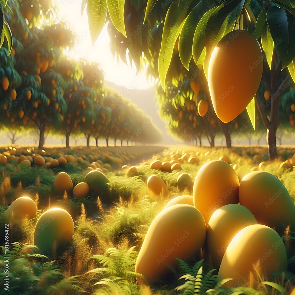 Realistic artistic rendering of a Kesar mango orchard, with rows of ...