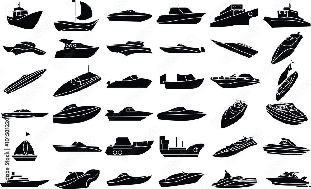 Speed Boat silhouette icon set for T-Shirt and logo design. Stock ...