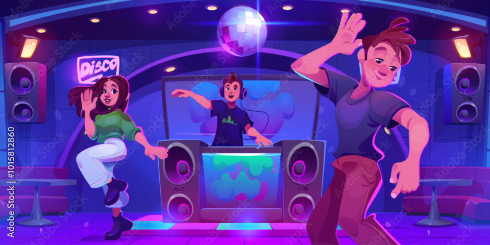 People at night club party. Cartoon vector illustration of young man ...