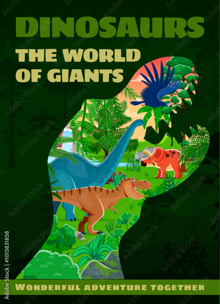 Dino park flyer with dinosaur silhouette and prehistoric lizards of ...