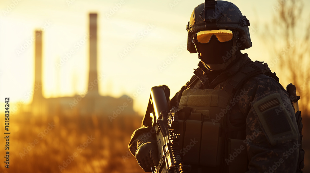 A soldier in full combat gear, standing tall with a weapon in hand, the ...