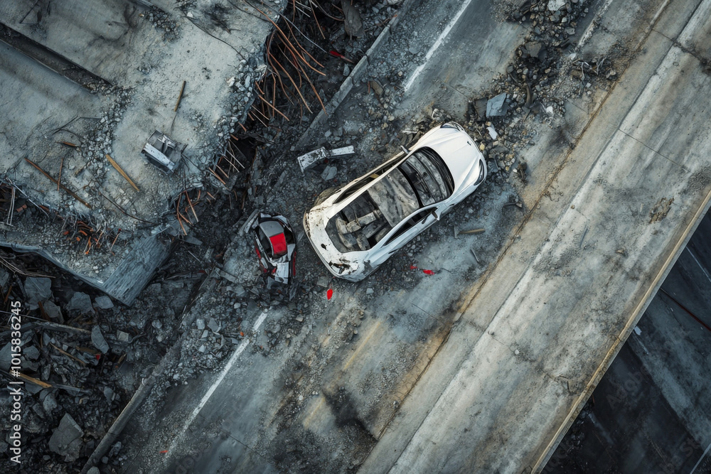 Car wreck during earthquake. Earthquake damage on freeway with car ...
