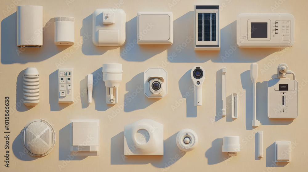 This illustration shows different security system parts like motion ...