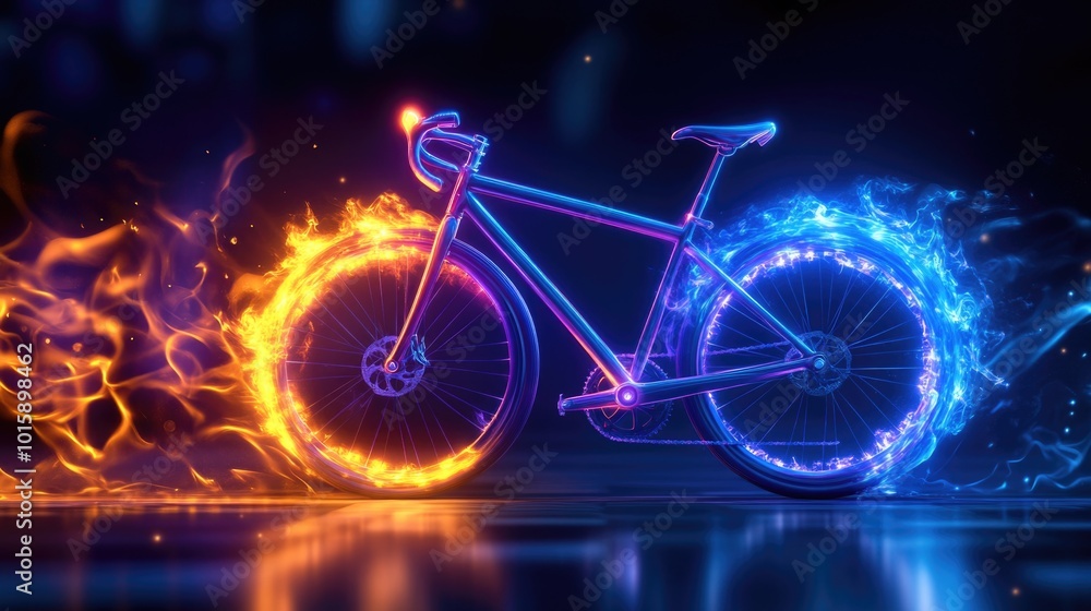Futuristic neon bicycle with fiery and icy wheels for dynamic sports ...