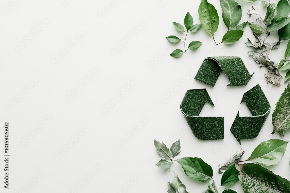 Green recycling symbol made out of leaves and elements of nature on ...