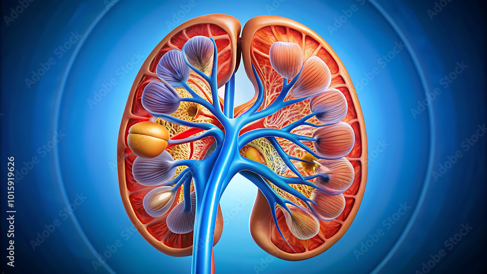 Schematic vector diagram of a kidney. Kidney structure with labeled ...