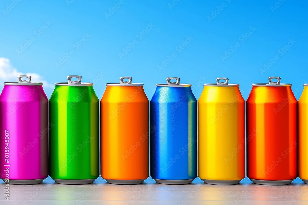Row of colorful cans of soda. The colors are pink, orange, yellow ...