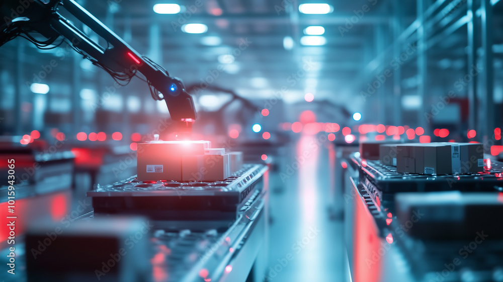 Inside a high-tech logistics warehouse, with robotic arms sorting ...