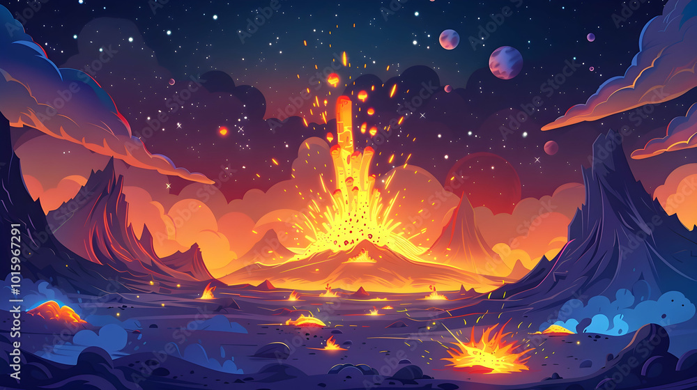 Eruption of golden magma and lava from volcano in alien landscape ...