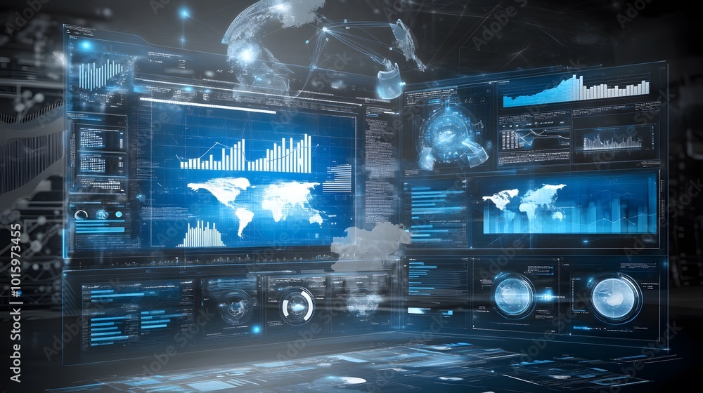 Global Network Data Analytics Digital Interface with Charts Graphs and World Map Stock ...