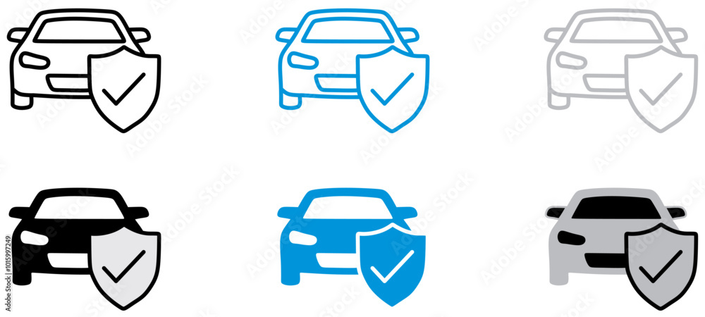 Vehicle insurance icons in line and flat style. Car with shield ...
