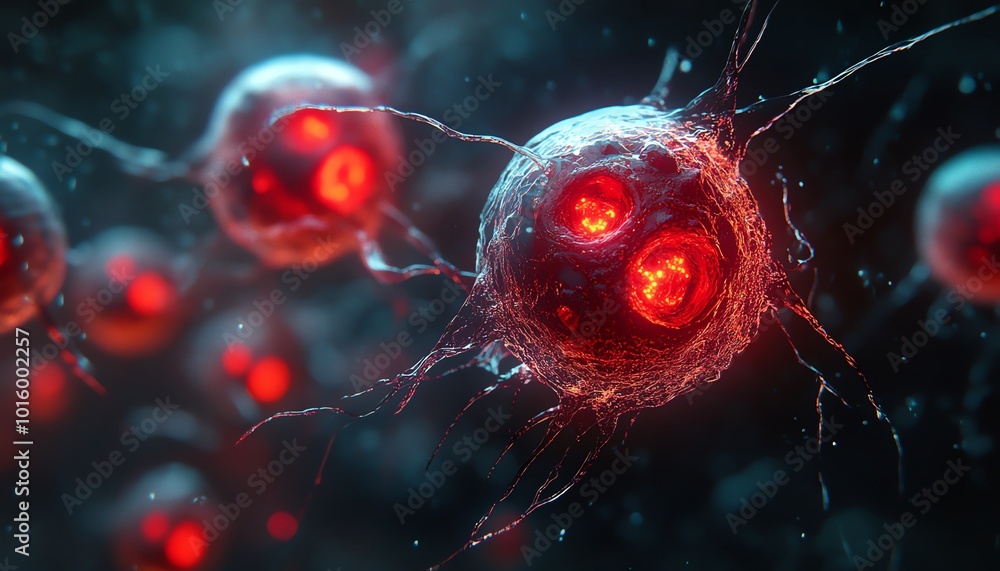 Bright red centers in apoptotic cells viewed under a microscope ...