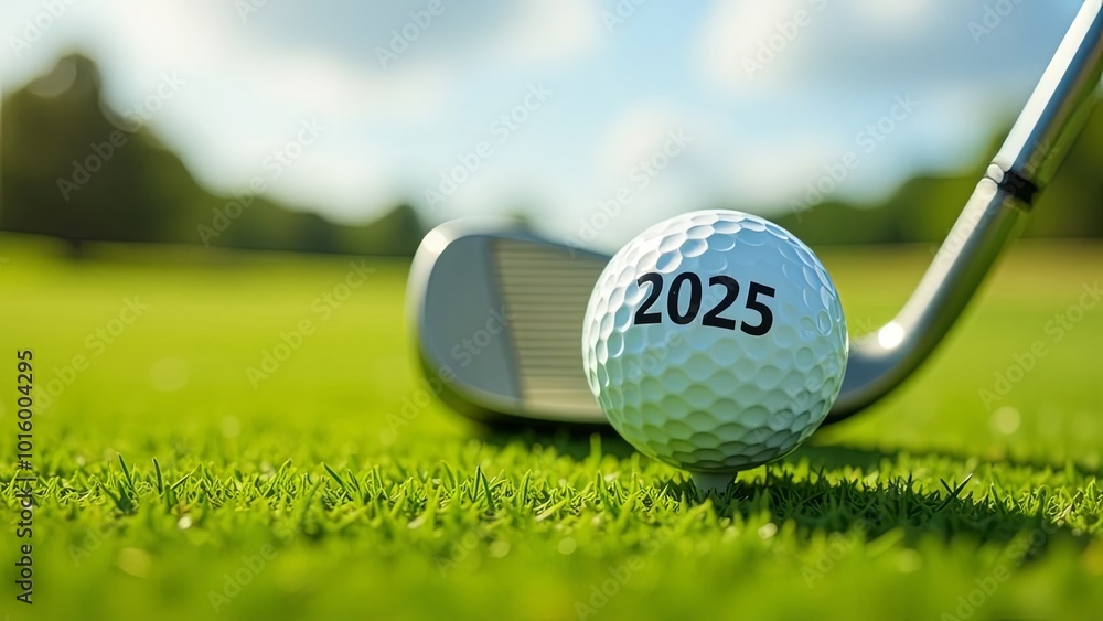 Golf club hitting golf ball with text 2025, sport background, festive ...