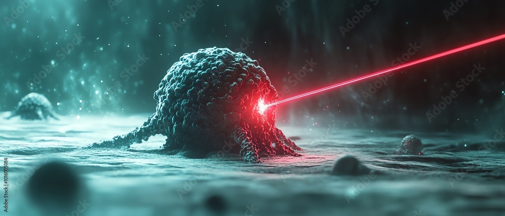 Laser beams aiming at a cancer cell, illustrating precision in oncology ...