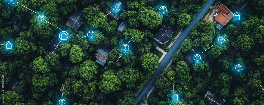 Aerial view of property plots with marked locations and connecting lines, depicting ...