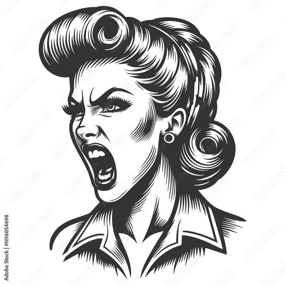 angry woman shouting, detailed facial expressions and vintage hairdo ...