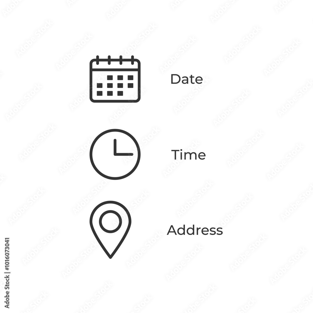Date and time location address icon. Calendar, clock, location illustration symbol. Sign event ...