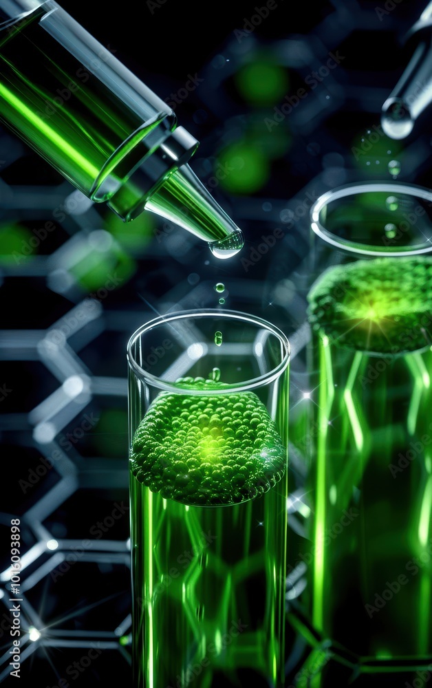 Laboratory experiment with green liquid in test tubes and pipette on a ...