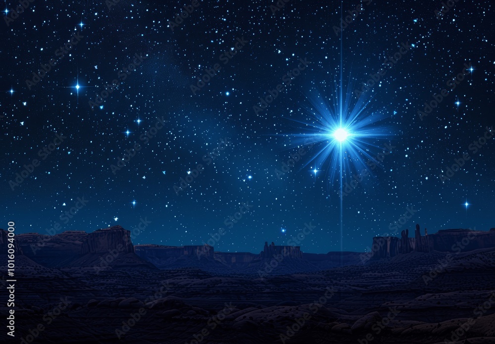 Starry Night over Desert Hills Symbolizing Birth of Jesus with Shining ...