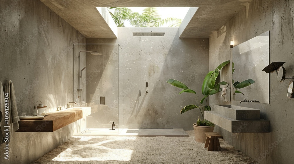 photograph of A bathroom with a skylight directly above a walk-in ...