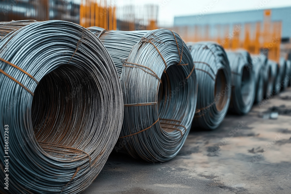 Large coils of steel wire stacked on a construction site, tightly wound ...