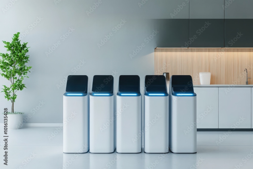 Modern smart waste bin in kitchen automatically sorts trash, compost ...