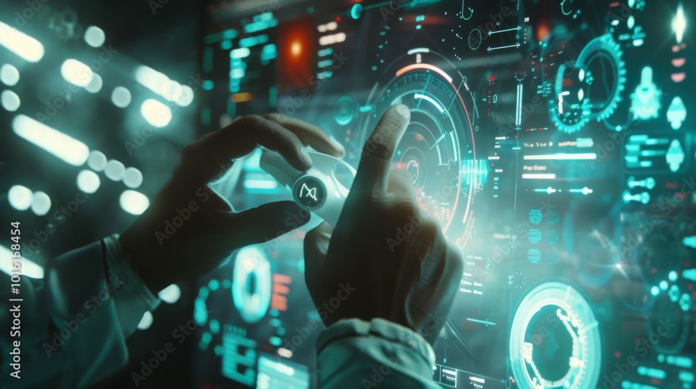 Hands navigate a holographic interface, manipulating data in a sci-fi inspired environment of ...