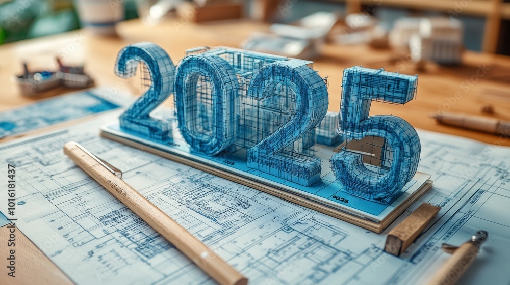 Architectural model of the year 2025 crafted from blueprint designs on ...