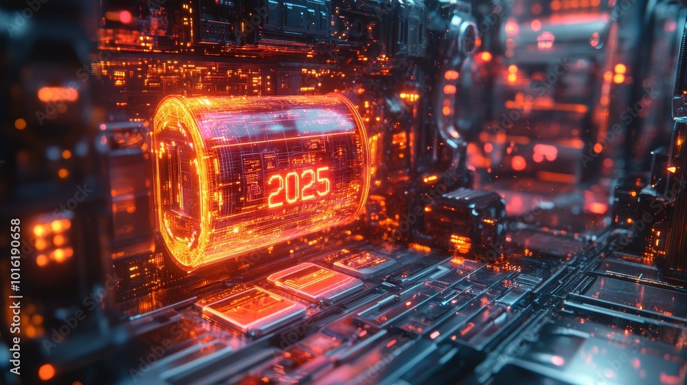Holographic representation of a futuristic interface showing the year ...